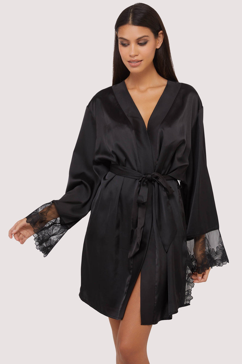Eleanor Black Satin & Embroidery Robe – Playful Promises