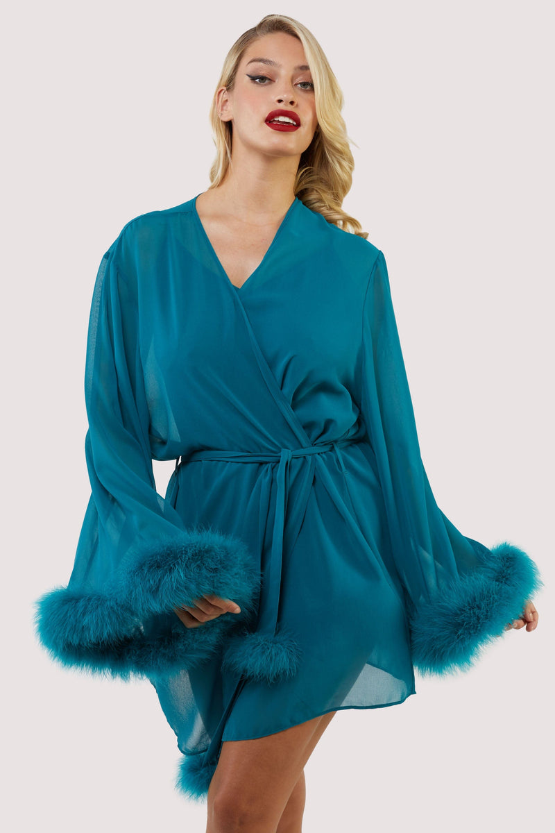 Teal Feather Trim Robe – Playful Promises