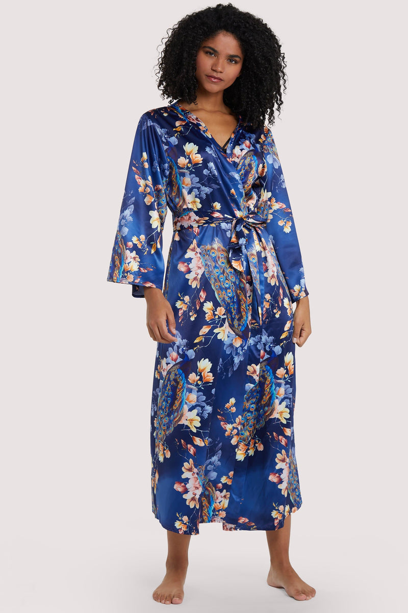 FFFB Peacock Print Satin Robe – Playful Promises