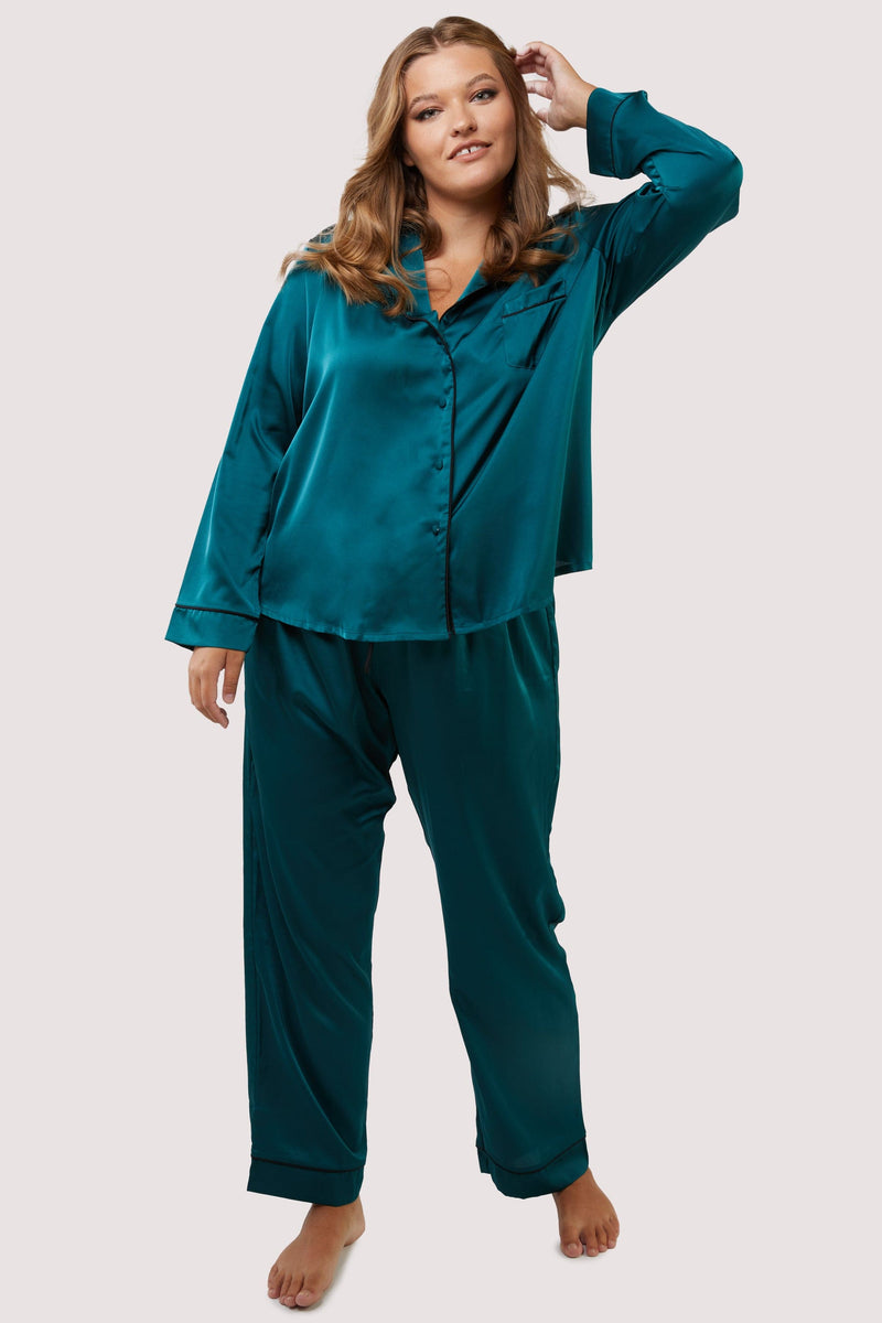 Teal and Black Satin Piping Pyjama Set – Playful Promises